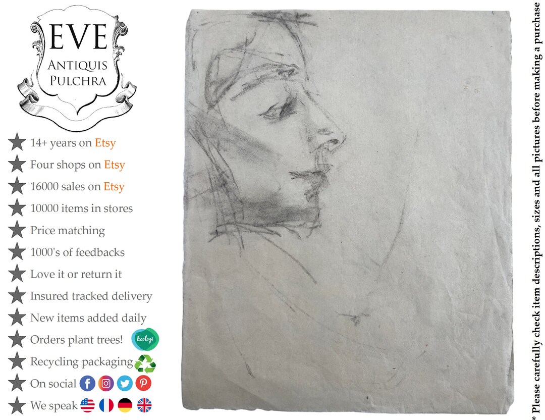 Vintage French Pencil Drawing Sketch Study Crocky Portrait on Paper ...