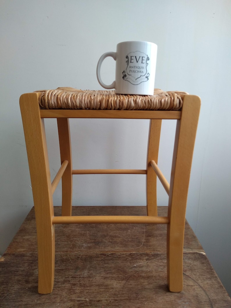 Vintage French Stool Wooden Brown Natural Wood Woven String - Etsy