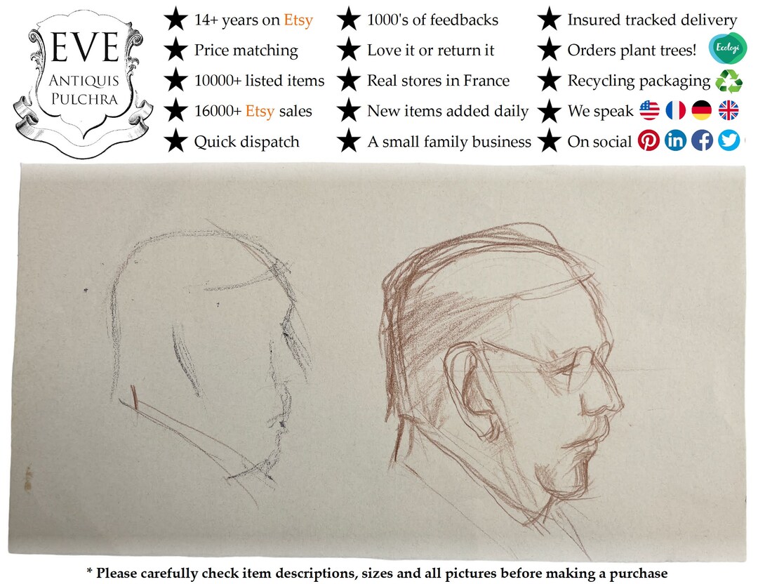 Vintage French Pencil Drawing Sketch Study Crocky Portrait on Paper ...