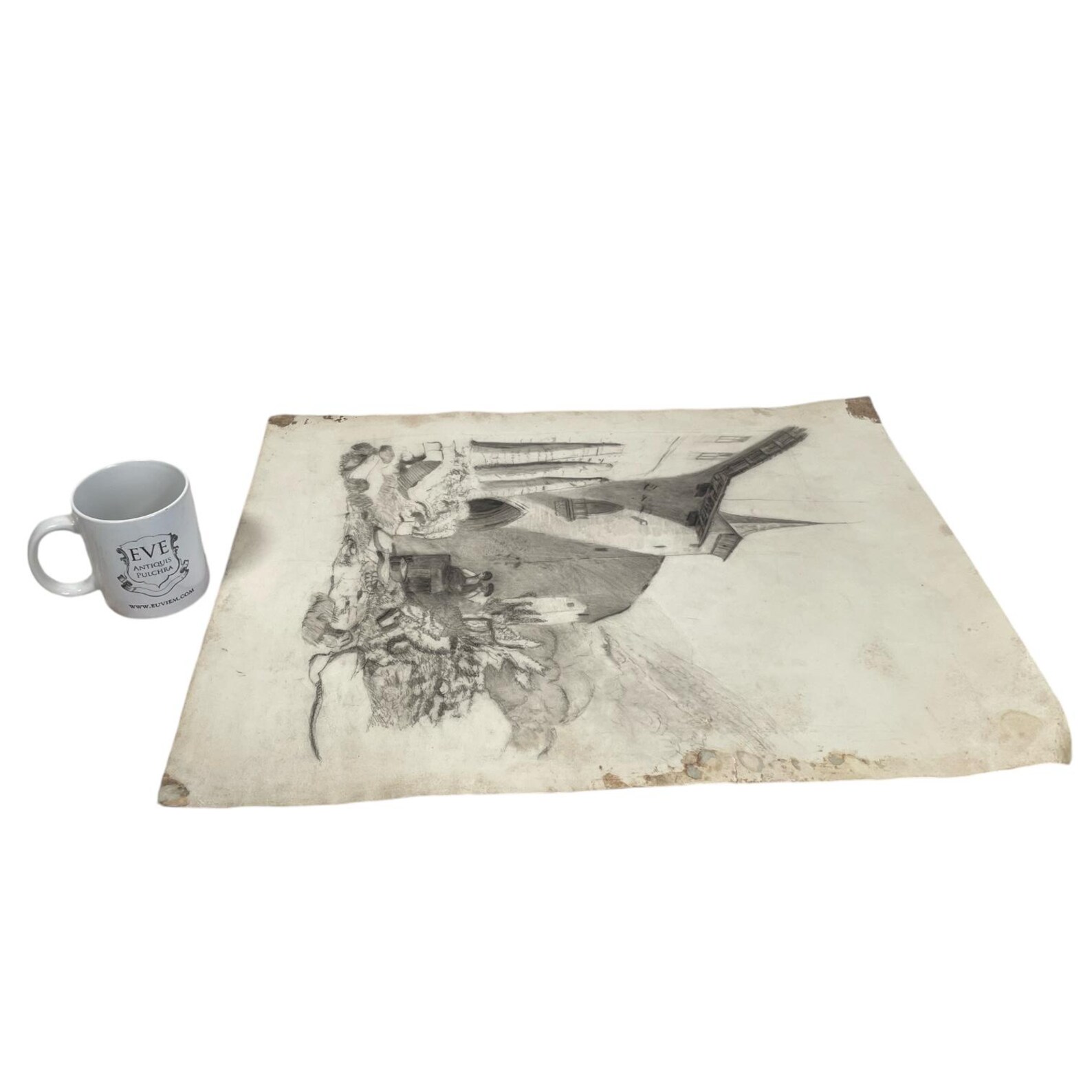 Antique French Pencil Charcoal Drawing Sketch Study Church Castle City ...