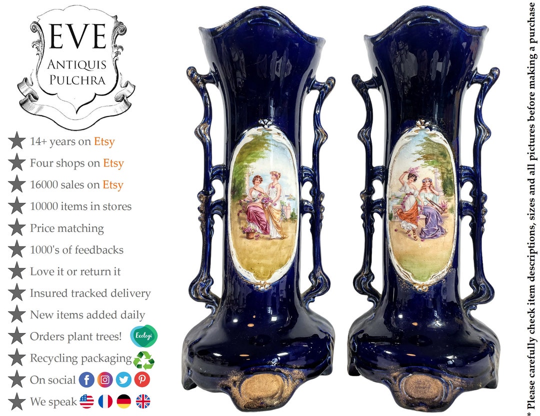 Antique Austrian Blue White Large Vases Pair Pot Jar Handled Vase ...