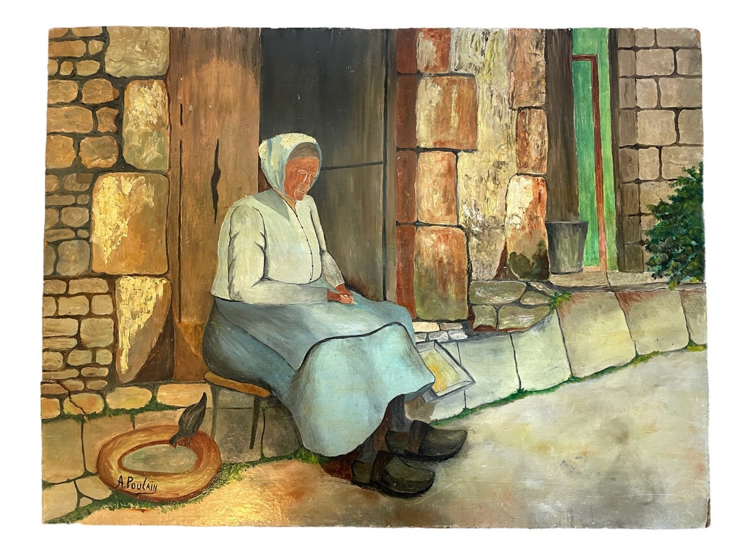Vintage French Woman on Doorstep Oil Painting on Board Portrait by A ...