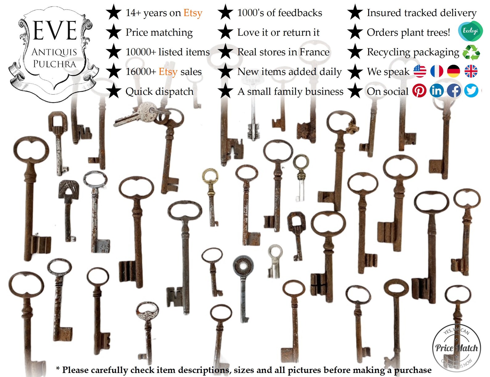 Antique Vintage Keys French Rusty Iron Key Mixed Collection Job Lot ...