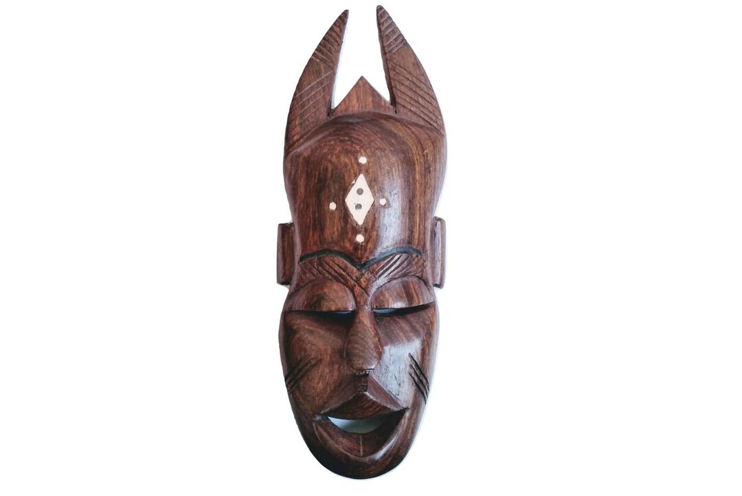 Vintage African Tribal Art Horned Mask Bust Wooden Statue Figurine ...