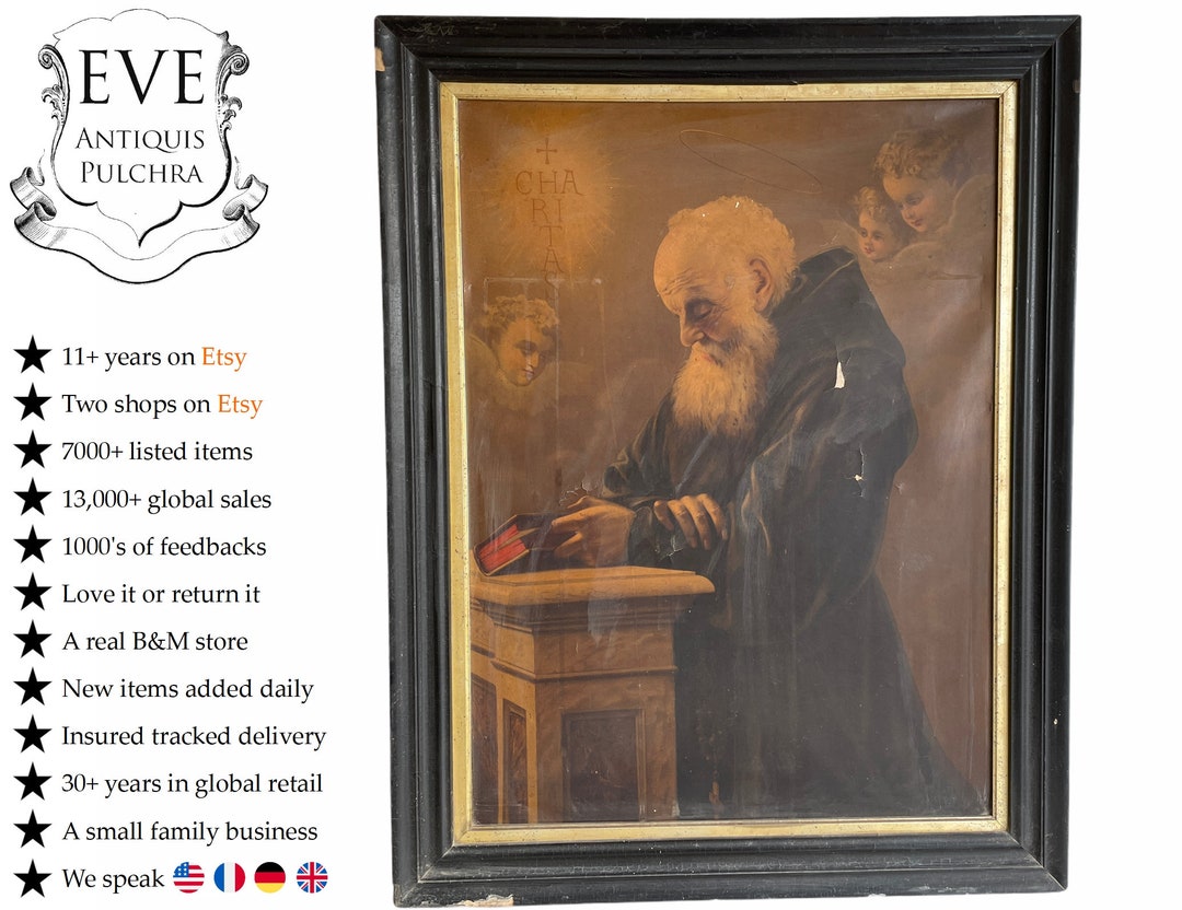 Antique French Large Framed Praying Monk Religious Church Chapel ...