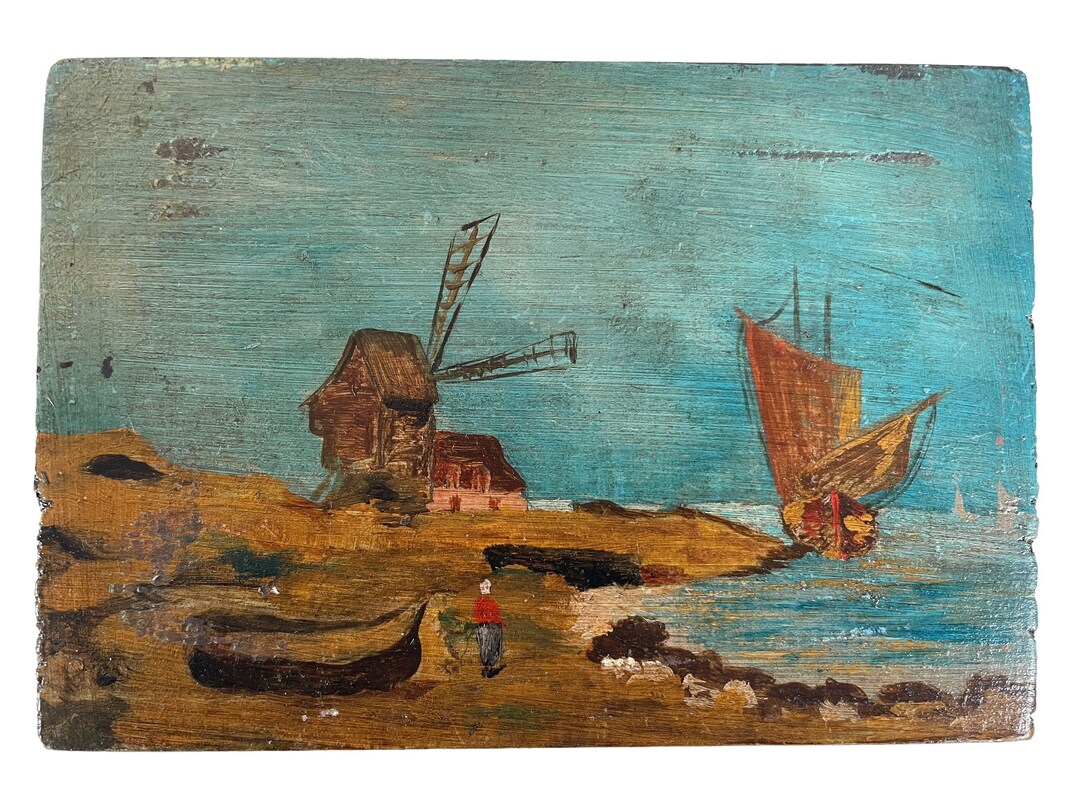 Antique French Beach Sea Sand Dunes Boat Windmill "daily Bread" Oil ...