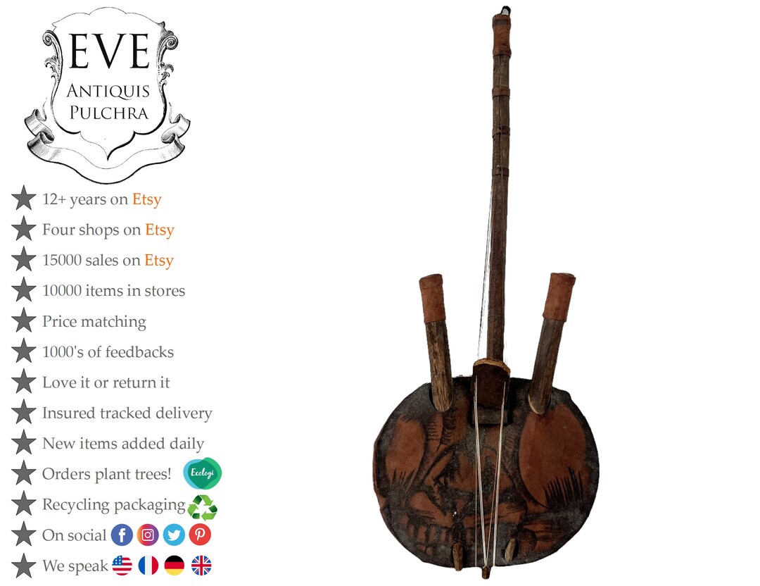 Vintage African Stringed Musical Instrument Drum Wooden Decor Carved ...