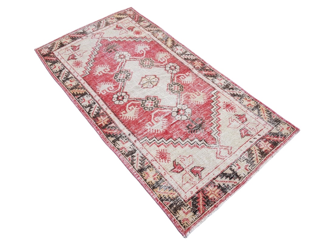 Vintage Aztec Design Office Rug, Small Red and Yellow Oriental Turkish ...