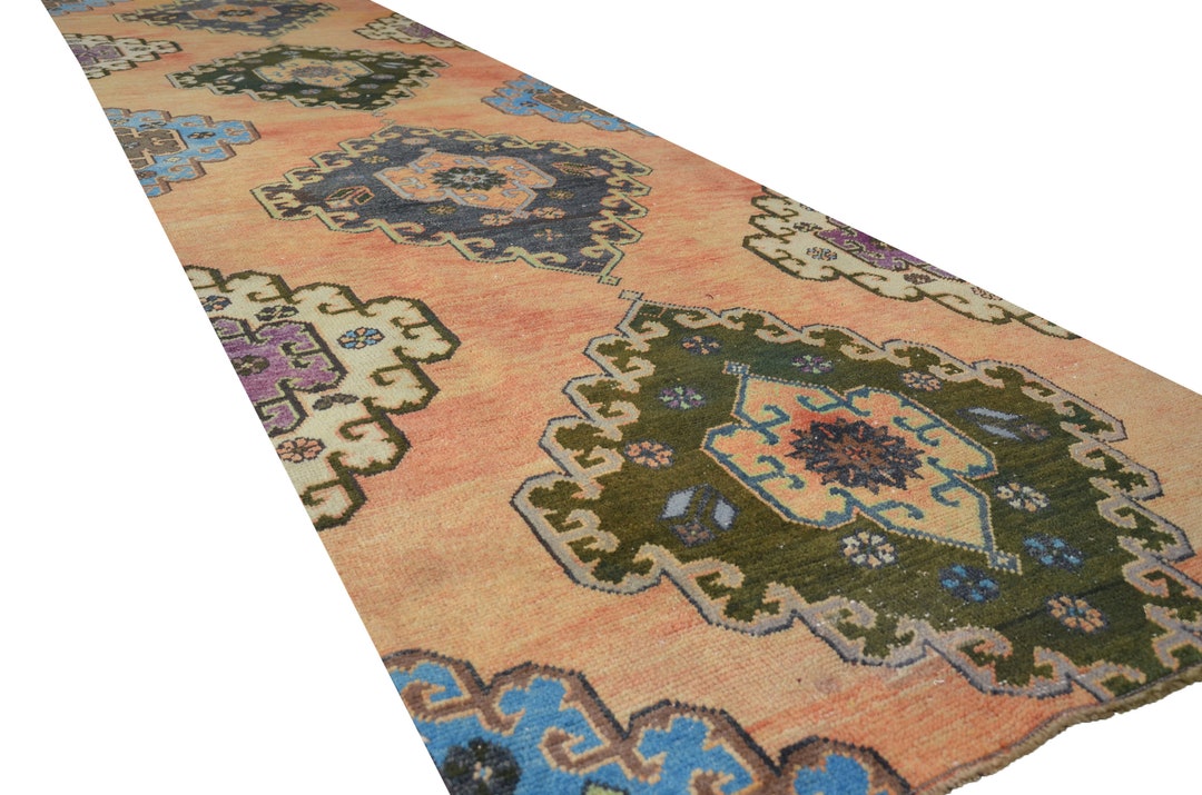 Vintage Aztec Runner Rug, Tribal Faded Medallion Design Corridor Rug ...