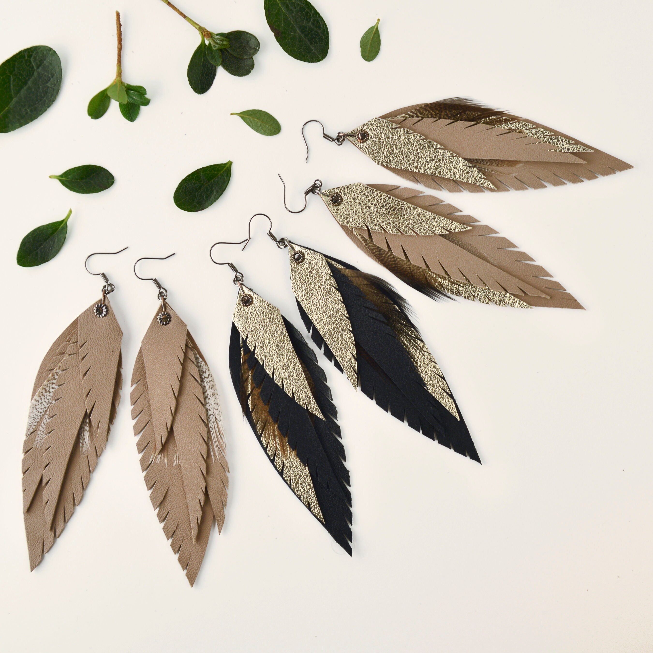 Beige Leather Feather Earrings Pastel Leather Accessories - Etsy