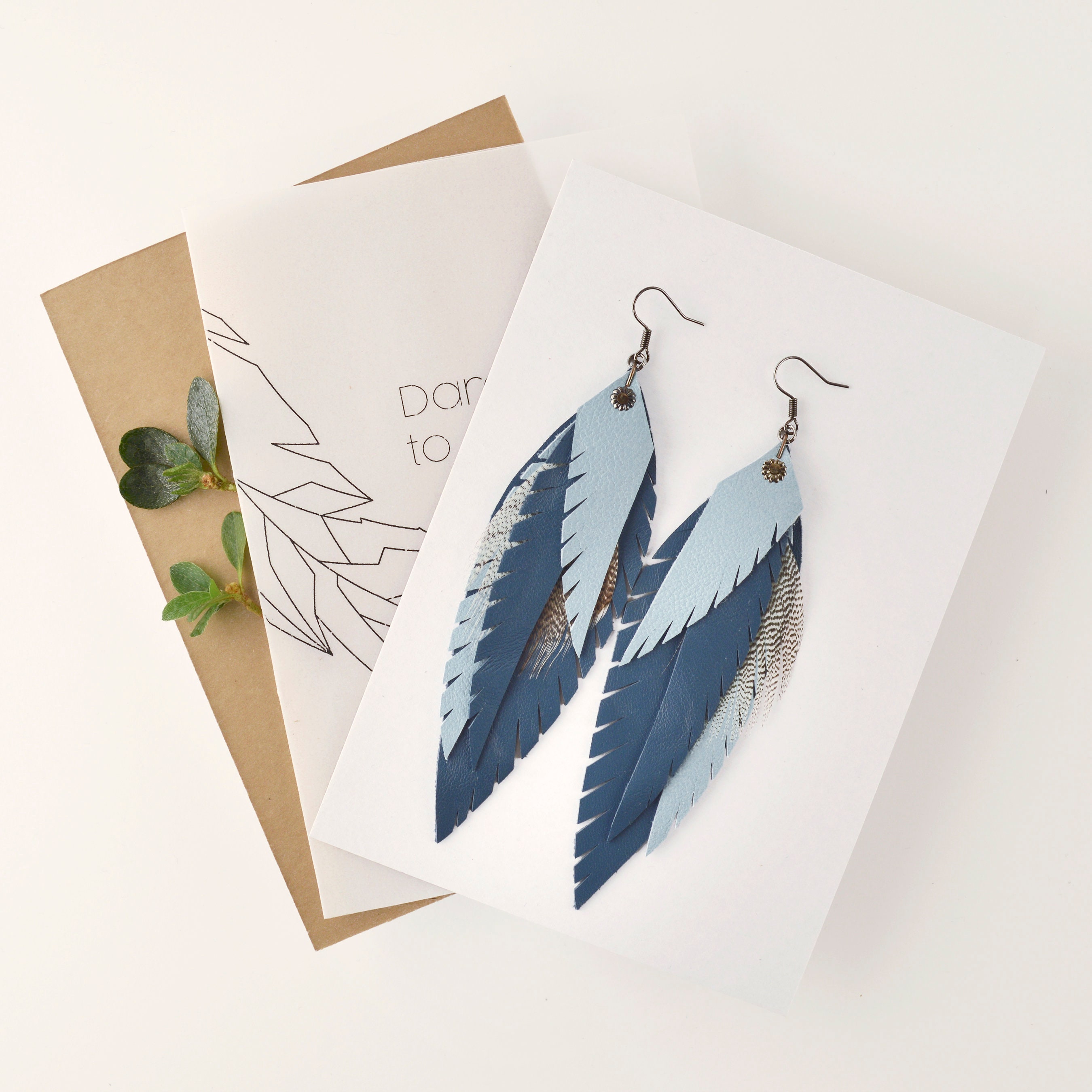 Blue Leather Feather Earrings Long Leather Feathers Earrings - Etsy