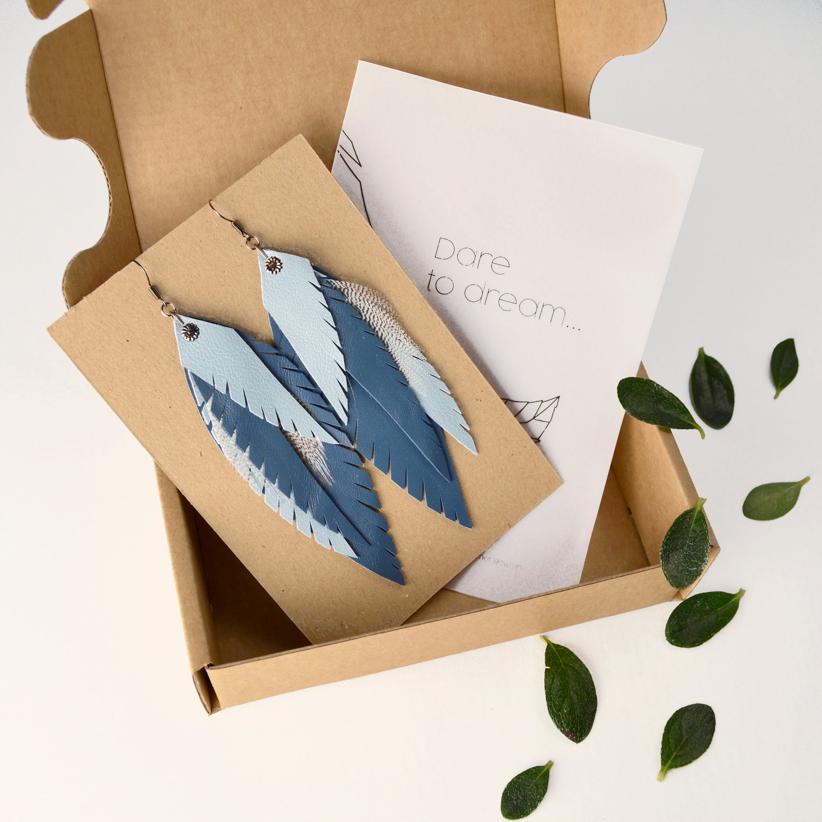 Blue Leather Feather Earrings Long Leather Feathers Earrings - Etsy