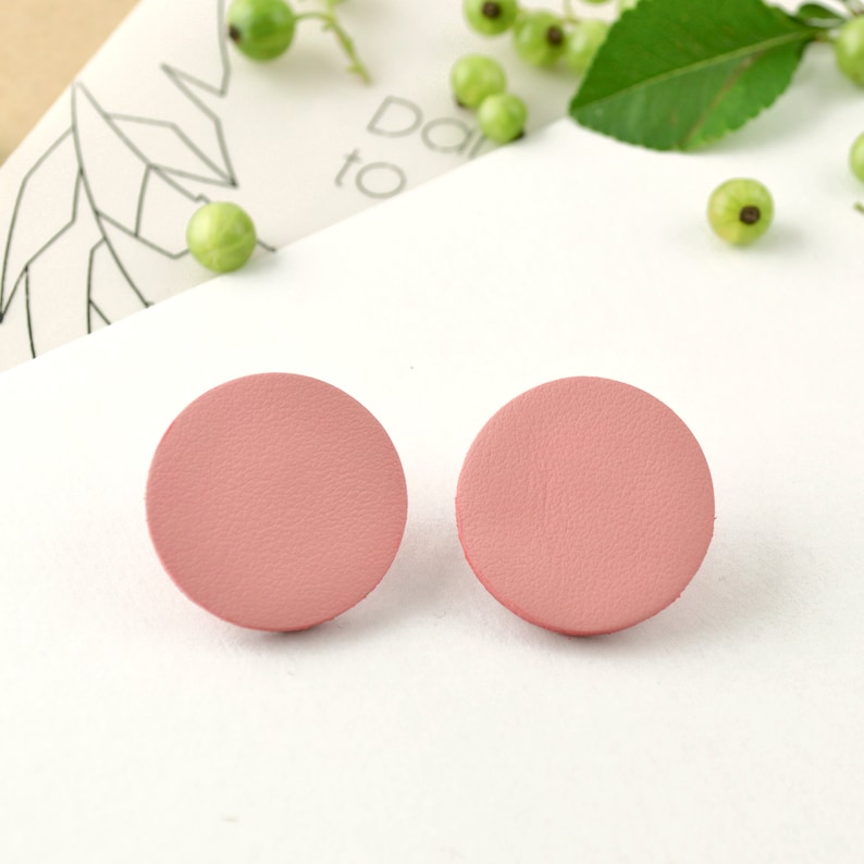 Pink Leather Round Stud Earrings - Artisan Jewelry. Circle Stud ...