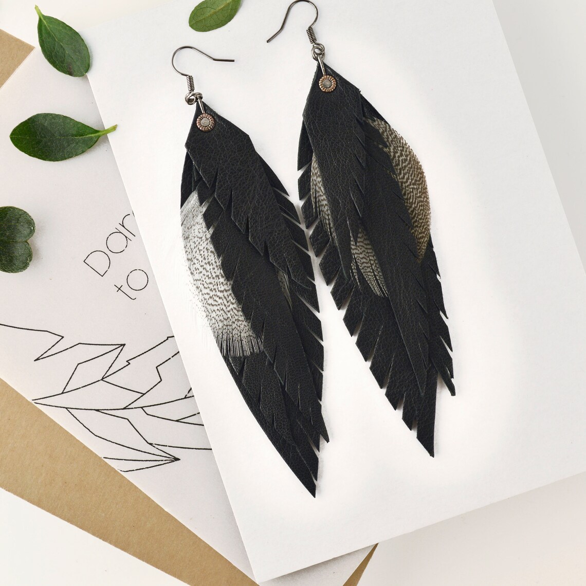 Black Leather Feather Earrings, Long Leather Feathers Earrings, Boho ...