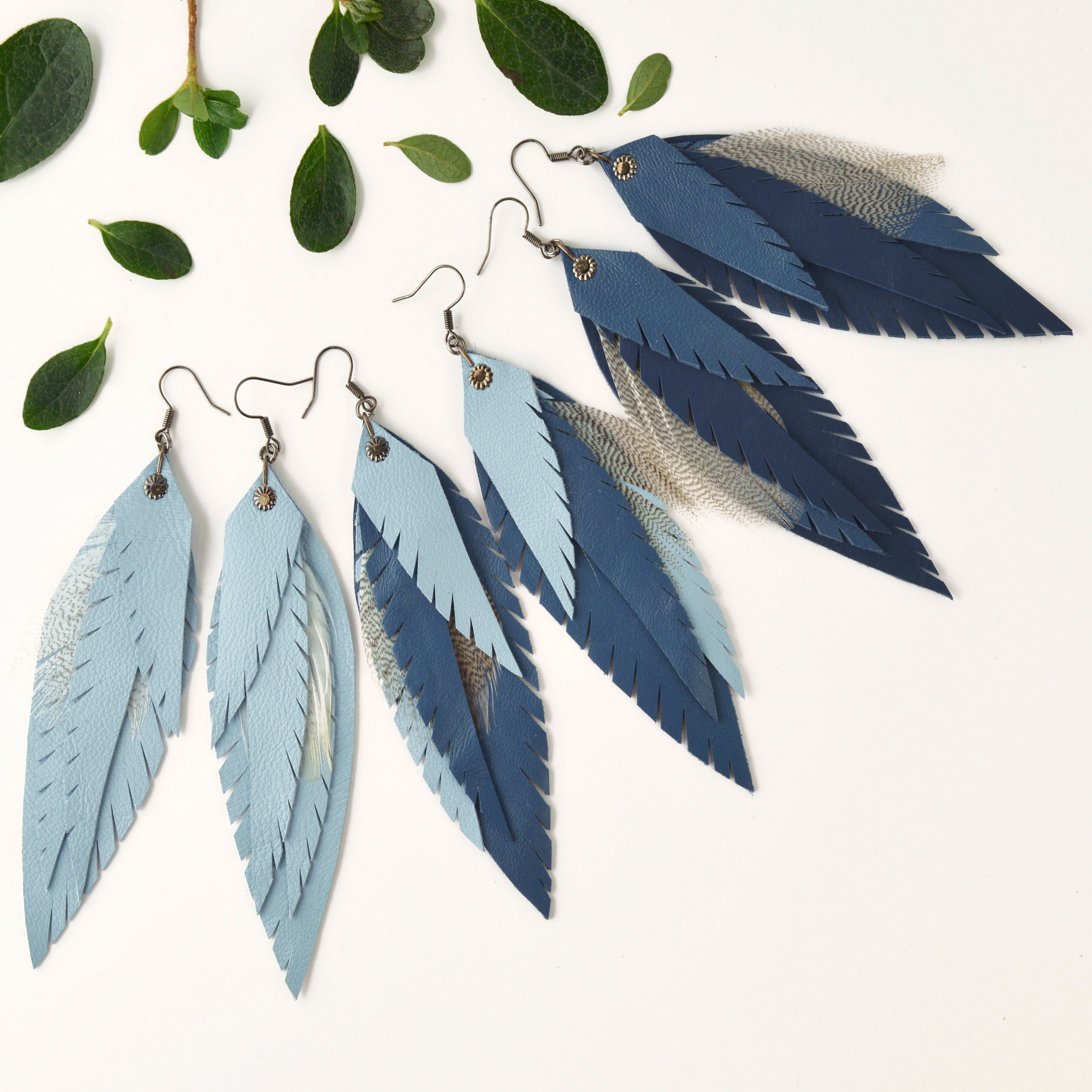 Blue Leather Feather Earrings Long Leather Feathers Earrings | Etsy