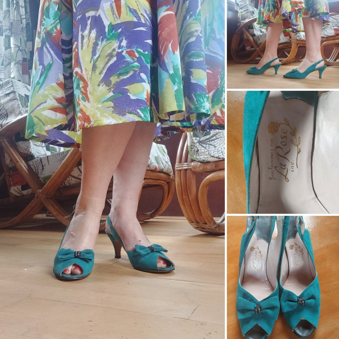 1950s Turquoise Bow Suede Slingback Sandals - Etsy