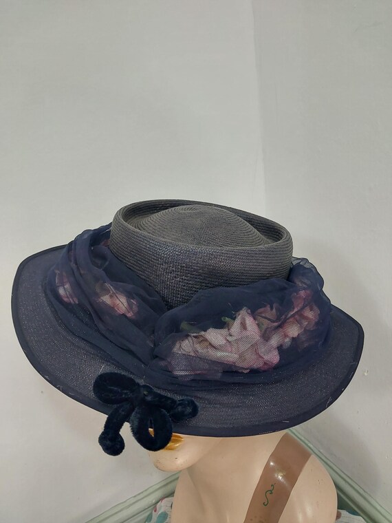 1940s Pink floral navy straw hat - Gem