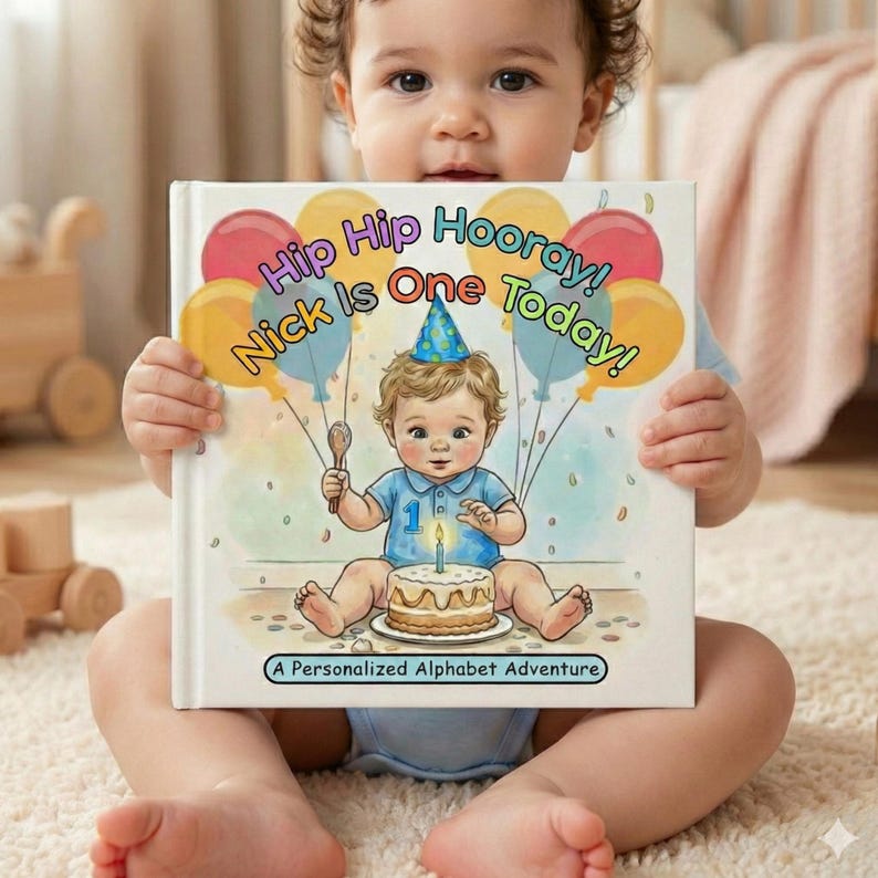 Custom 1st Birthday Book for Caucasian Boy - Personalized Name Alphabet ...