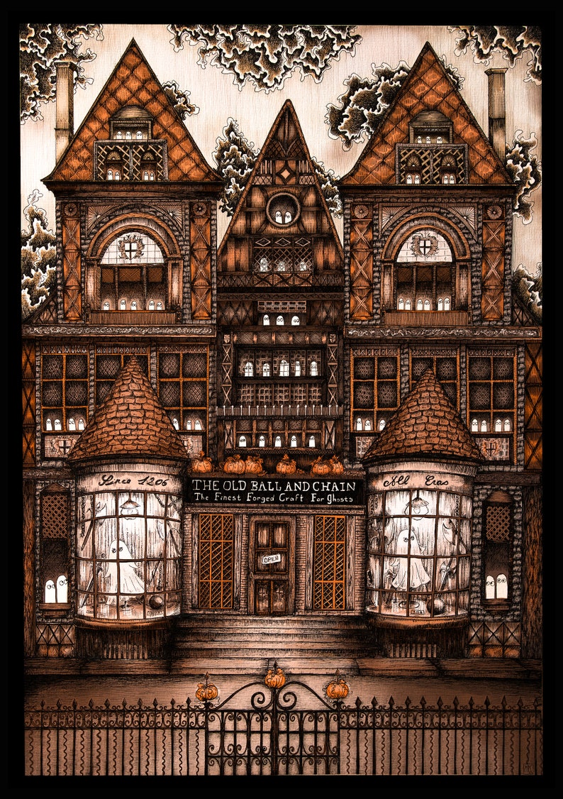 Autumn Manor Poster Ghost Halloween Haunted Manor Ink Art - Etsy