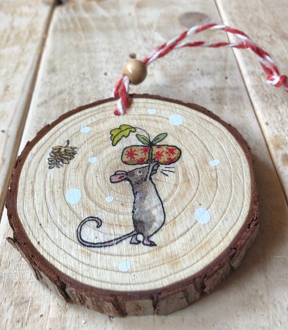 Woodland Wood Slice Christmas Mouse Tree Decoration Tag Gift | Etsy