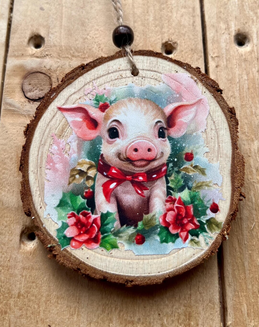 Woodland Slice, Piggy, Pig, Christmas Tree Decoration, Decorated With ...