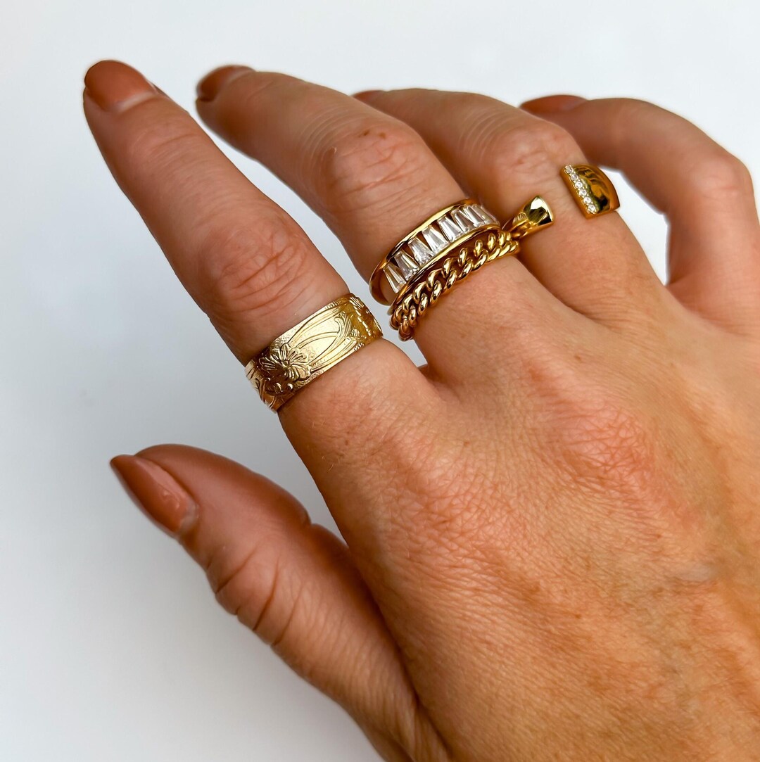 Gold Filled Cigar Band Ring Wide Band Floral Ring Vintage Style ...