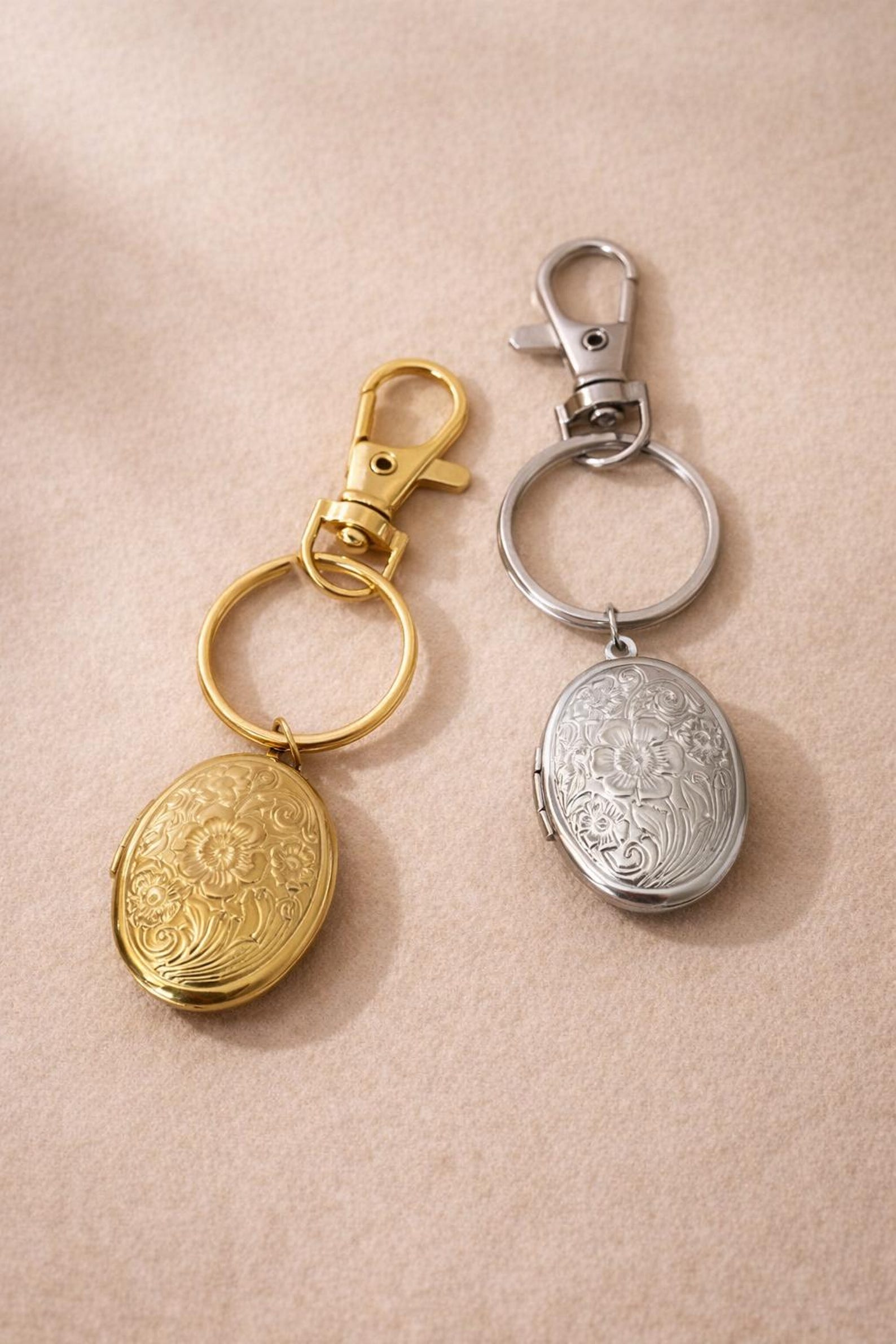 Oval Photo Locket Key Chain Bag Charm Floral Vintage Inspired Pendant ...