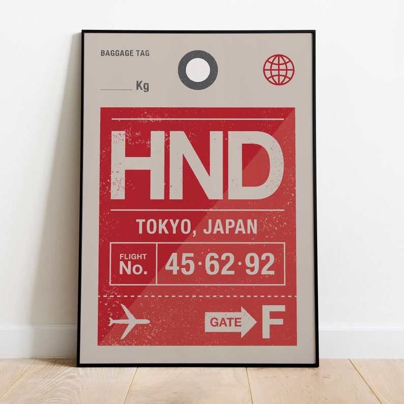 Tokyo Vintage Flight Luggage Tag Print Mid-Century Art Print | Etsy