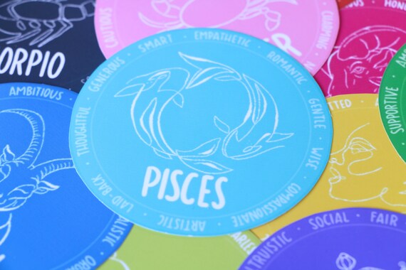 Pisces Zodiac Sign & Text Glossy Die Cut Sticker Set Paper Paper ...