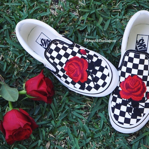 Custom Vans Old Skool Checkerboard Slip on Red Rose Appliqué - Etsy