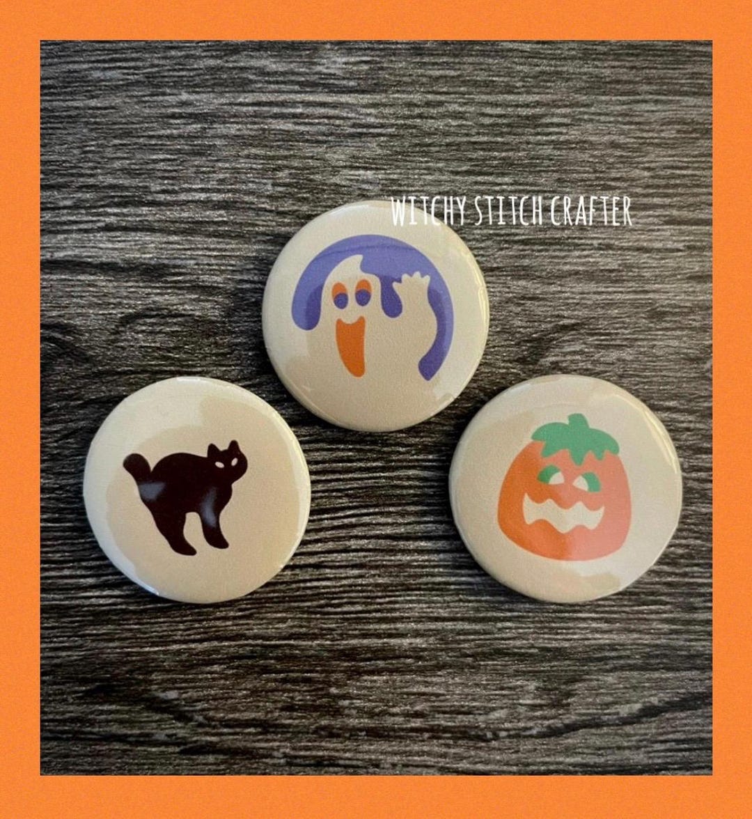 Halloween Spooky Sugar Cookie Ghost, Pumpkin and Cat Button Badge Pins ...