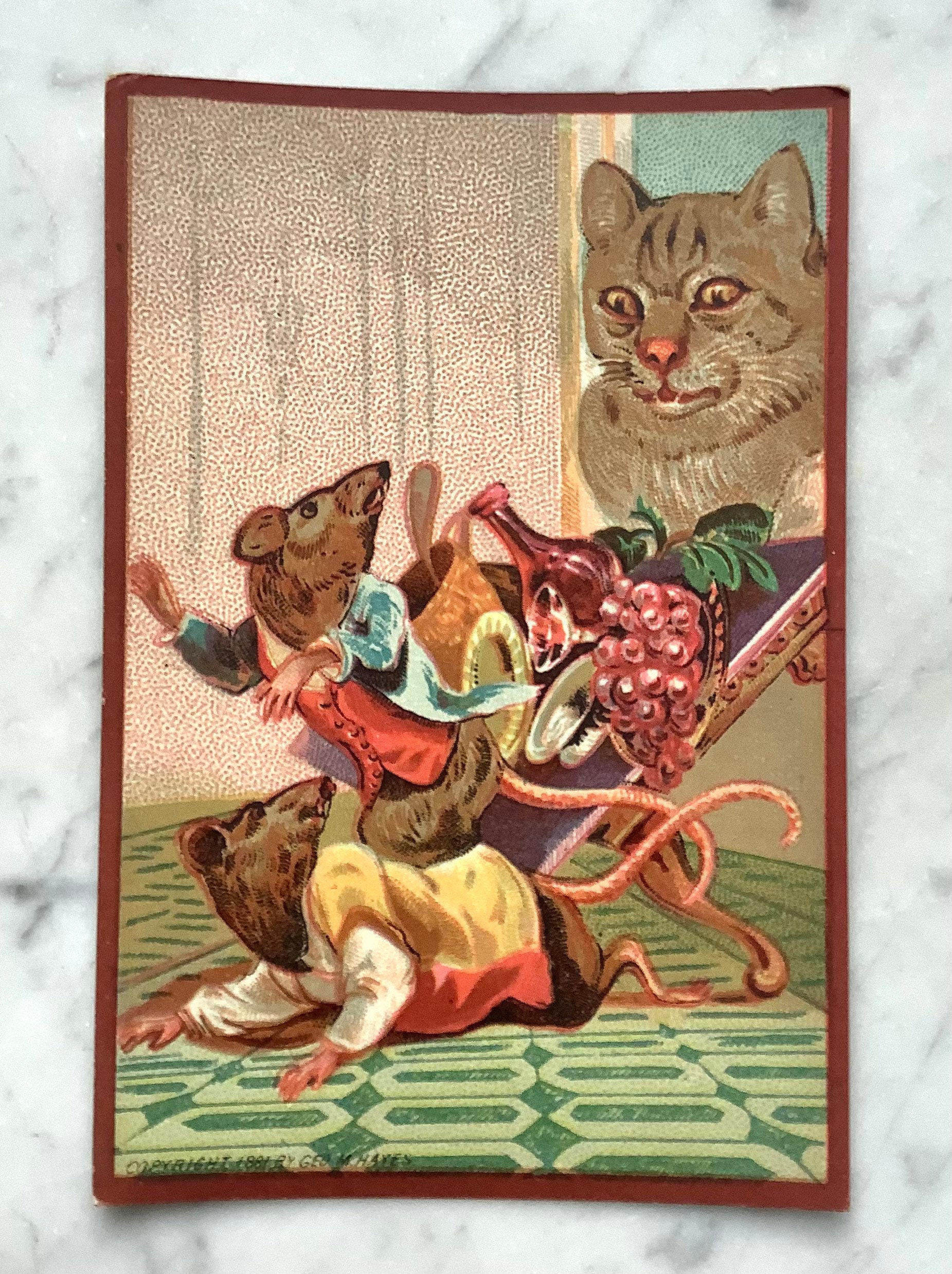 Original 1881 Mice at Dinner, Interrupted by Cat Lithograph Card by Geo ...