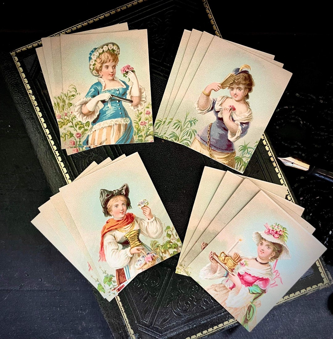Original Antique Lithograph Cards of Young Women Set of 16 Pieces in 4 ...