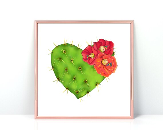 Cactus Hummingbird Heart Art Print Desert and Hummingbird | Etsy