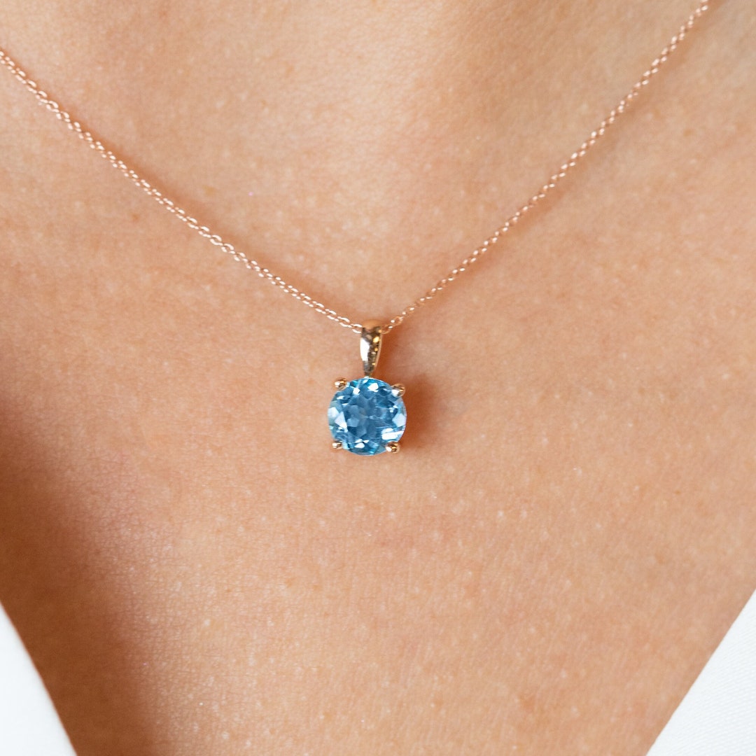 Blue Topaz Necklace 14K Gold Sky Blue Topaz Pendant November - Etsy