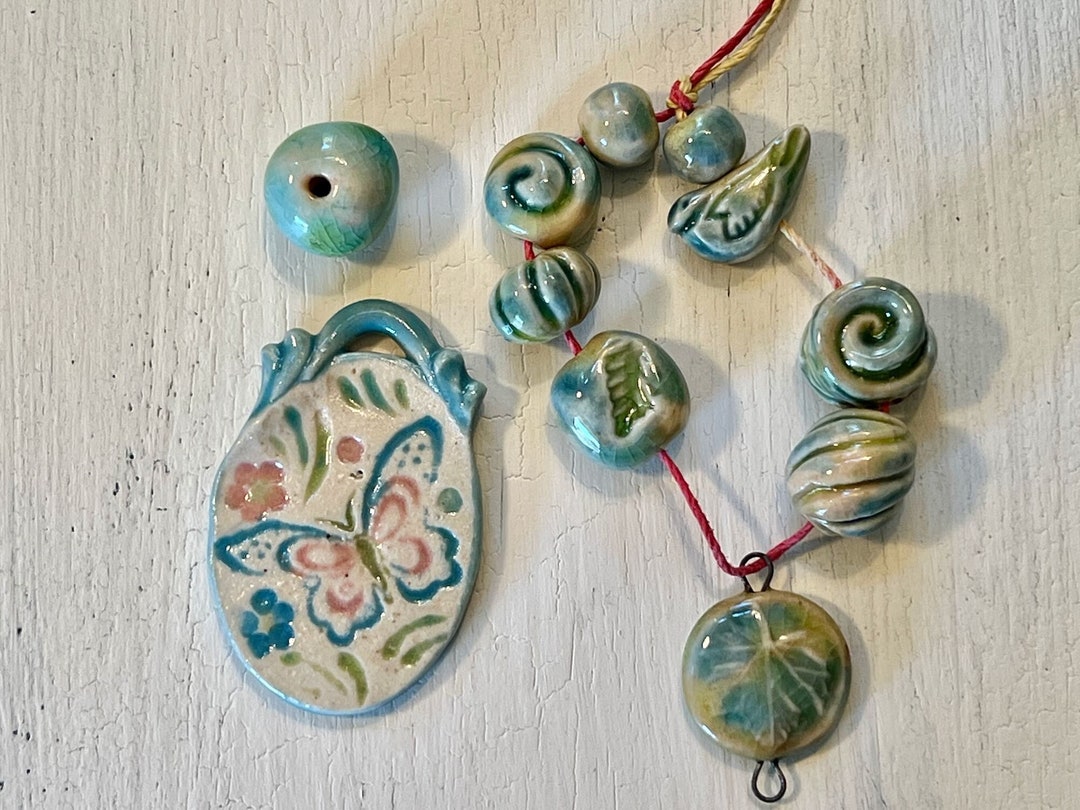 Collection of Handmade Pottery Beads and Pendants, Blue Shades ...