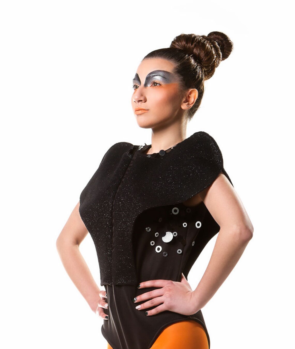 Black Womens Avant Garde Tops, Sequins Decoration Bodysuit, One Piece ...