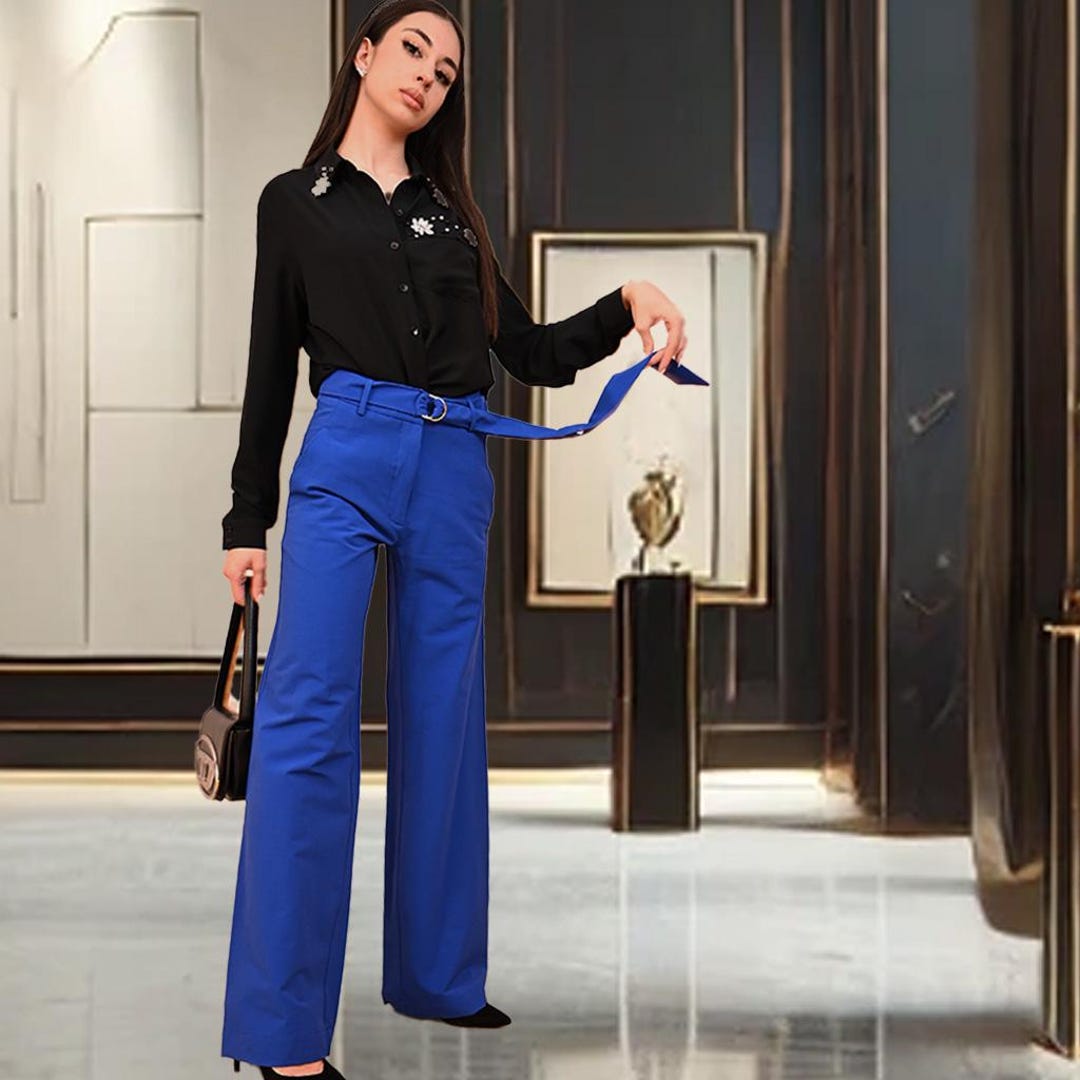 Wide Leg Royal Blue Pants for Women Elegant High Waist Trousers With ...