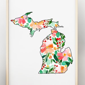 Michigan Map Watercolor Floral Design. State of Michigan Painting ...