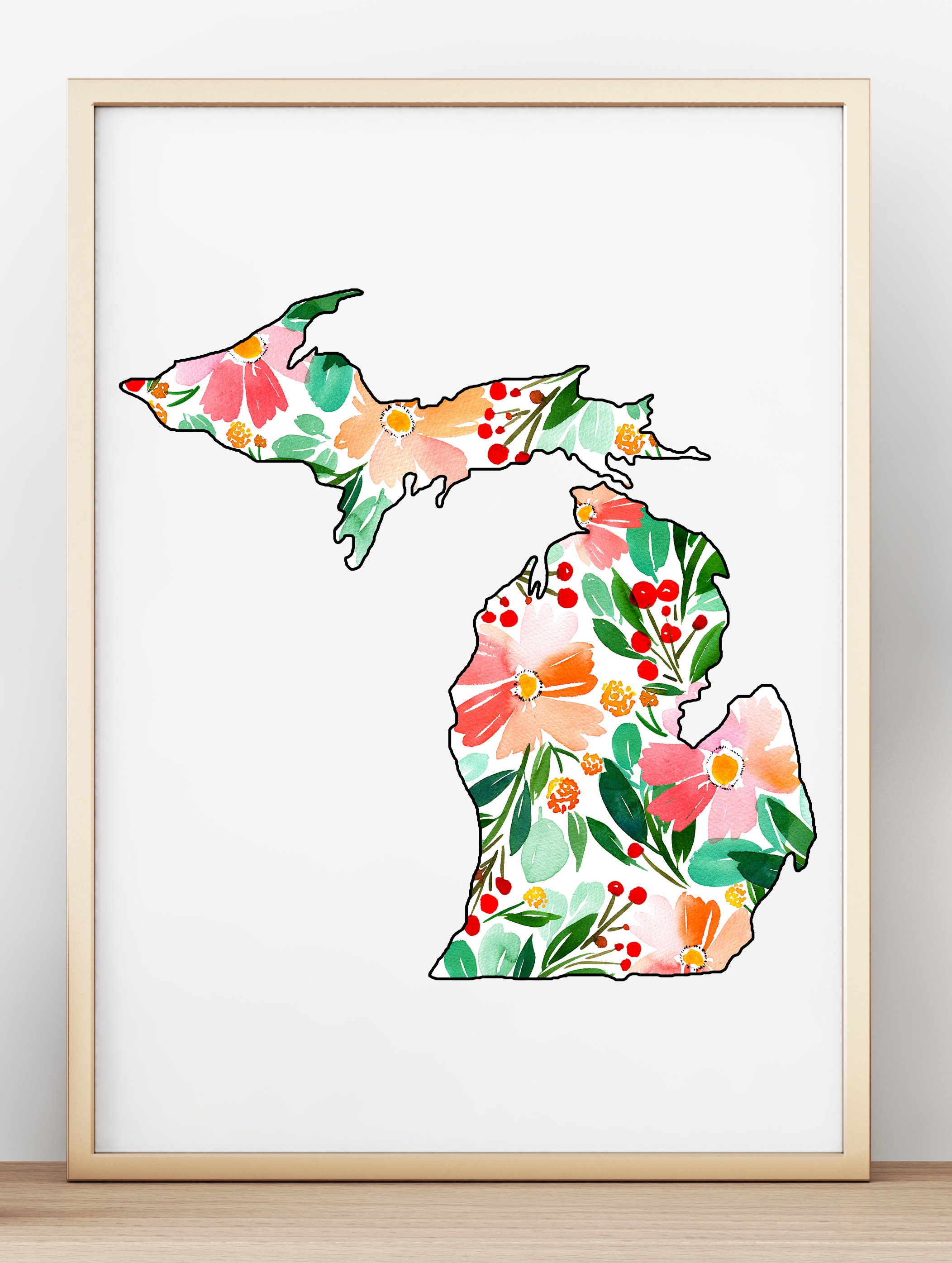 Michigan Map Watercolor Floral Design. State of Michigan - Etsy
