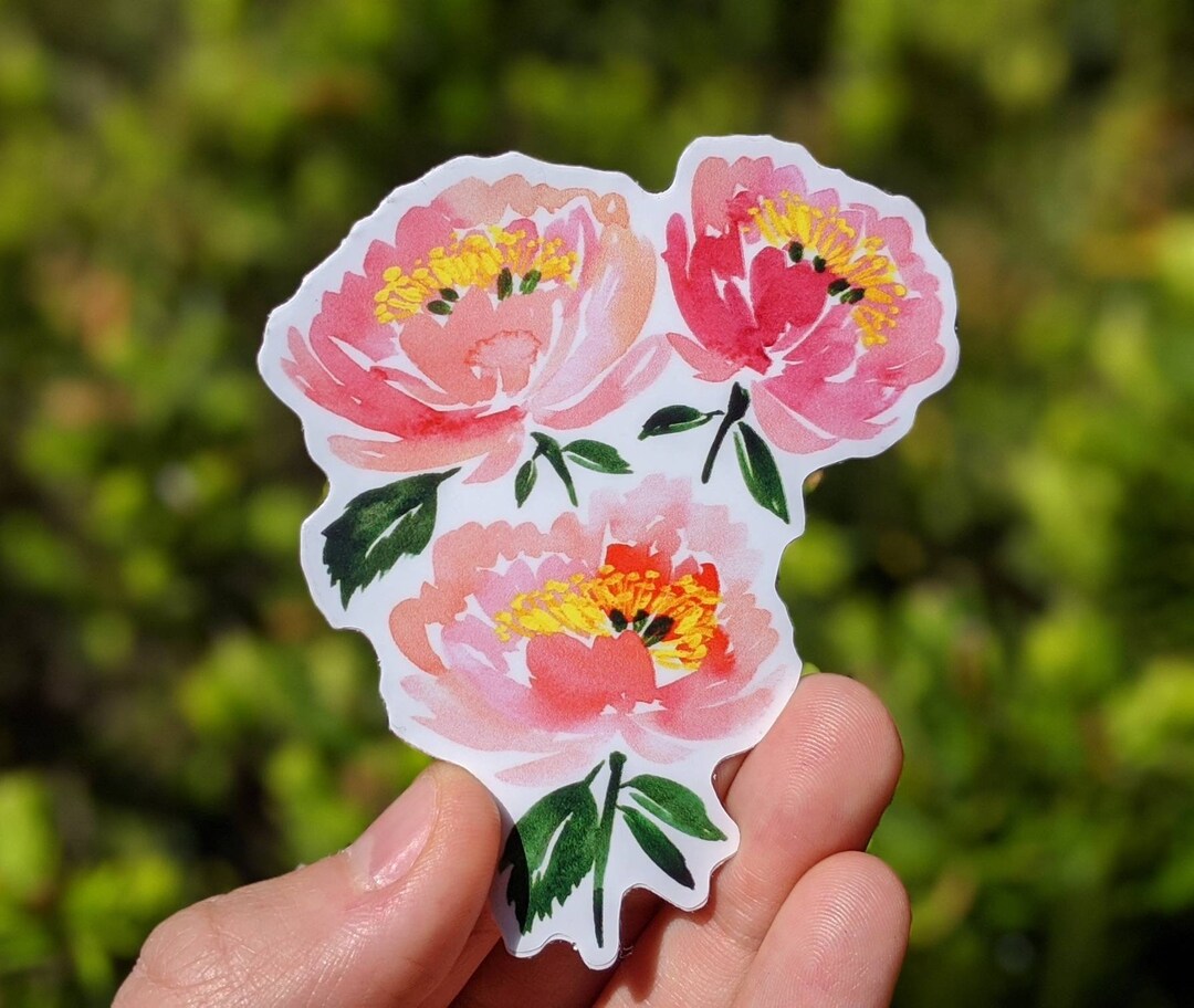 Pink Peony Floral Vinyl Sticker. Watercolor Design Sticker. Flower ...