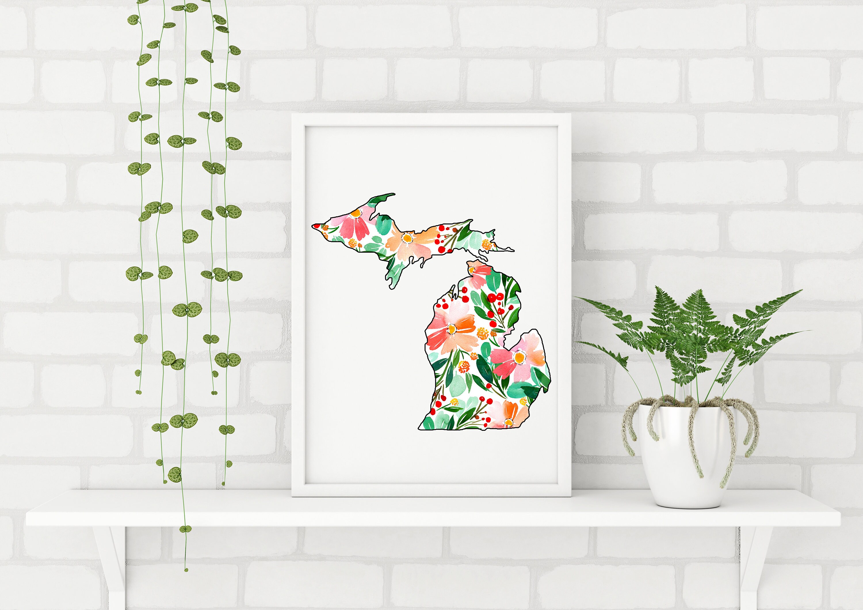 Michigan Map Watercolor Floral Design. State of Michigan - Etsy