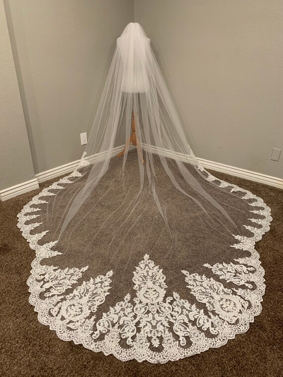 Wide embroidered sparkle scallop veil | Etsy
