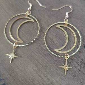 Celestial Crescent Moon Hoop Earring, Boho Earrings, Gold Star and Moon Earrings, Dainty ...