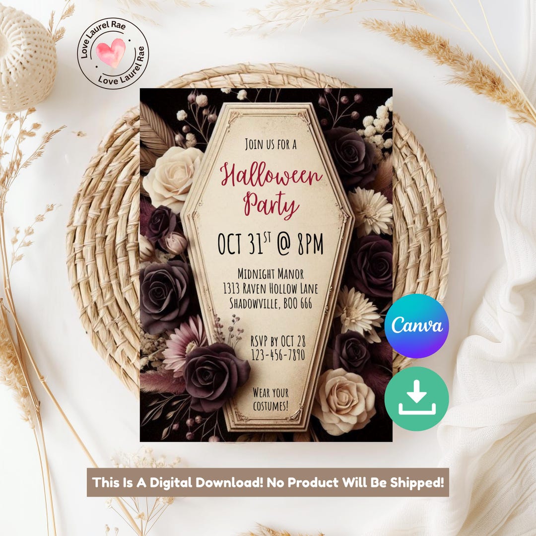 Halloween Party Invitation: Coffin and Floral Customizable Canva ...