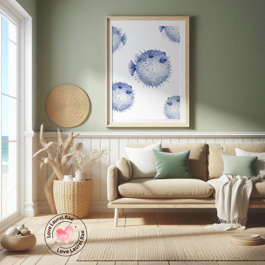 Blue Puffer Fish Watercolor Printable Wall Art, Modern Boho Coastal ...