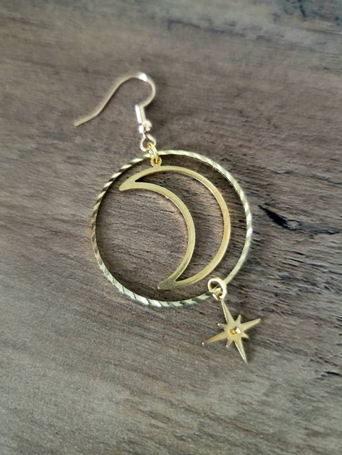 Celestial Crescent Moon Hoop Earring, Boho Earrings, Gold Star and Moon ...