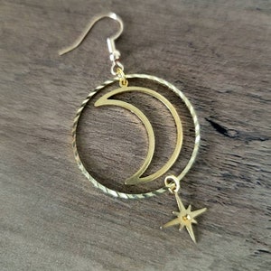 Celestial Crescent Moon Hoop Earring, Boho Earrings, Gold Star and Moon Earrings, Dainty ...