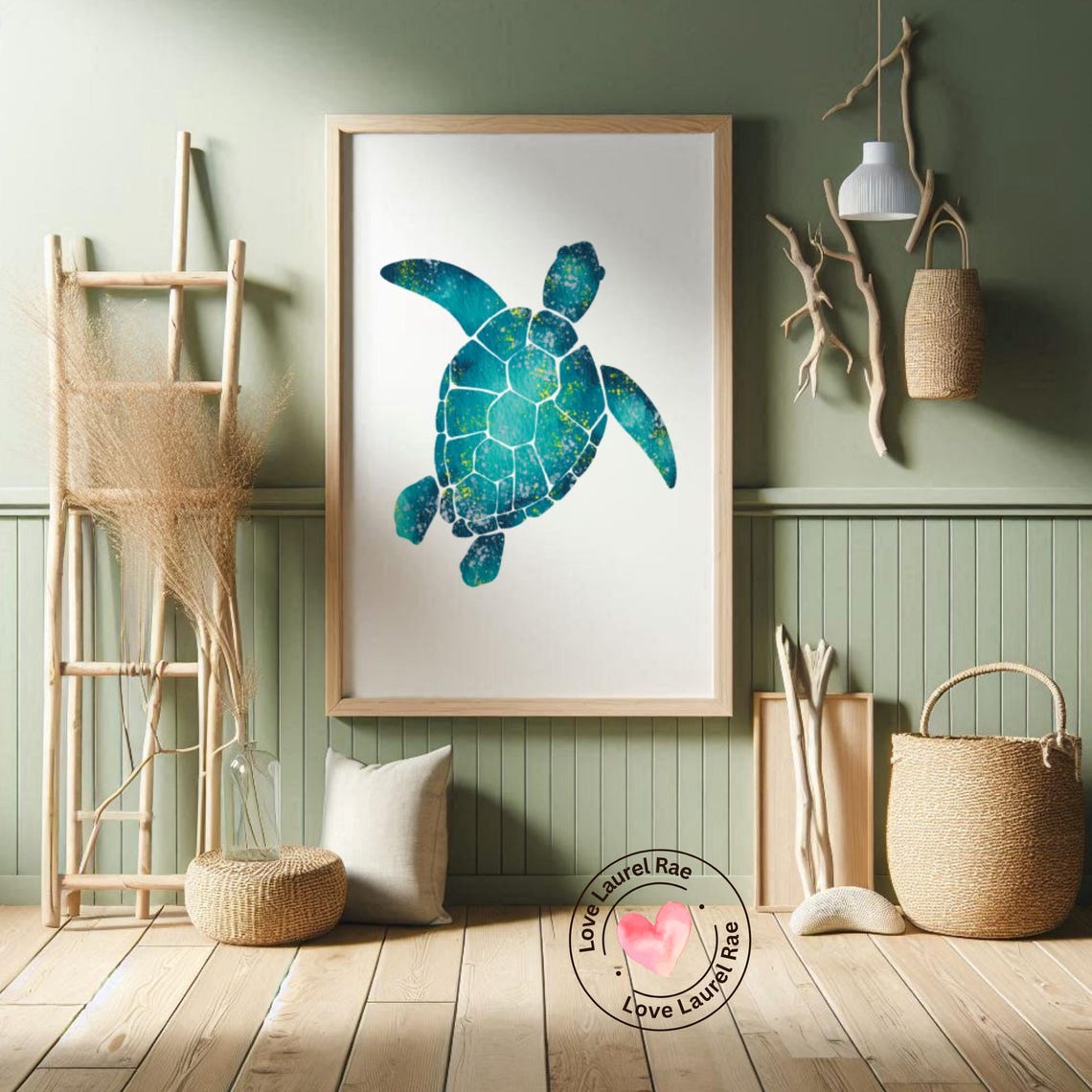 Blue Sea Turtle Watercolor Printable Wall Art, Modern Boho Coastal ...