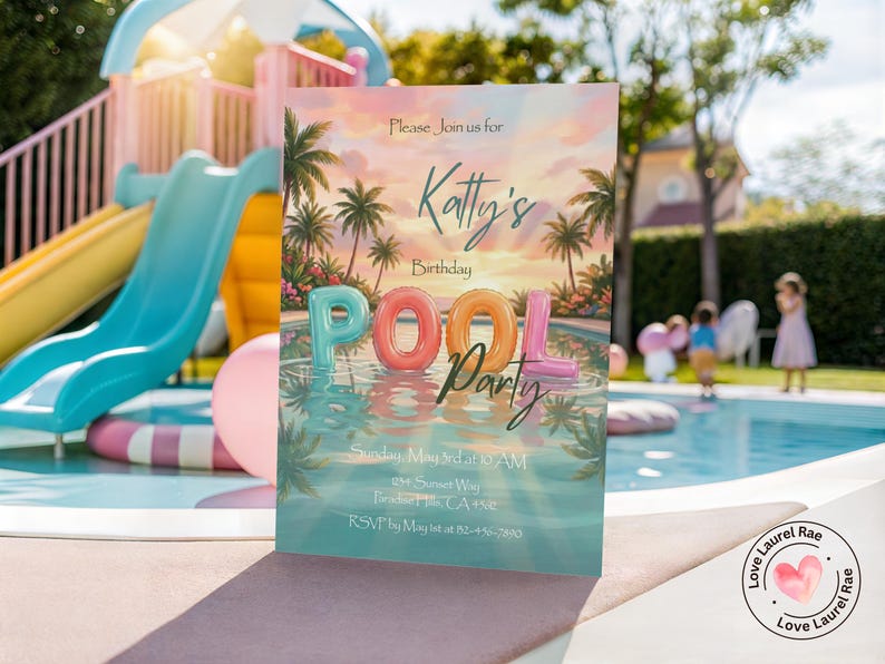Pool Party Birthday Invitation Swim Party Invite Tropical Sunset ...